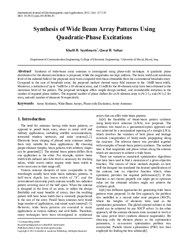 Pdf Synthesis Of Wide Beam Array Patterns Using Quadratic Phase