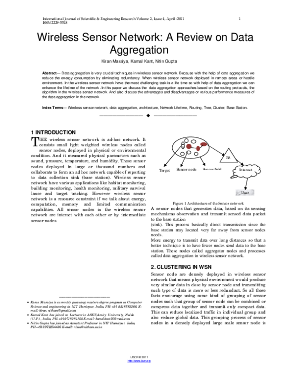 Pdf Wireless Sensor Network A Review On Data Aggregation