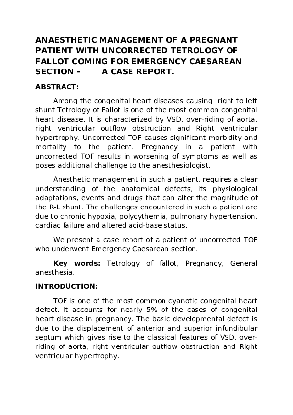 (DOC) Anaesthetic management of uncorrected TOF for emergency LSCS