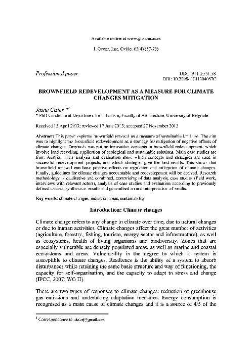 (PDF) Brownfield Redevelopment as a Measure for Climate Changes Mitigation - Case study: Austria
