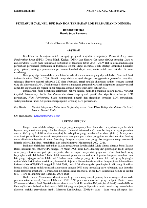 (PDF) Jr-PENGARUH CAR, NPL, DPK DAN ROA TERHADAP LDR PERBANKAN INDONESIA