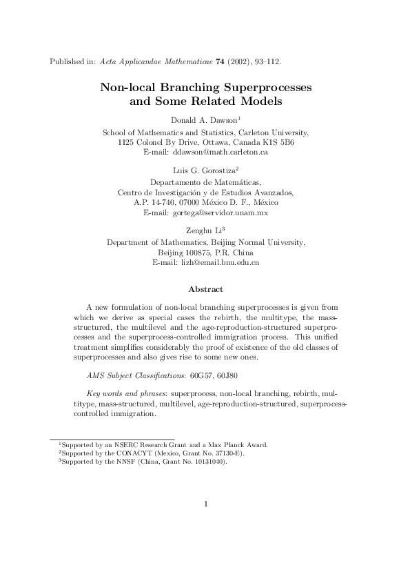 (PDF) Nonlocal Branching Superprocesses and Some Related Models