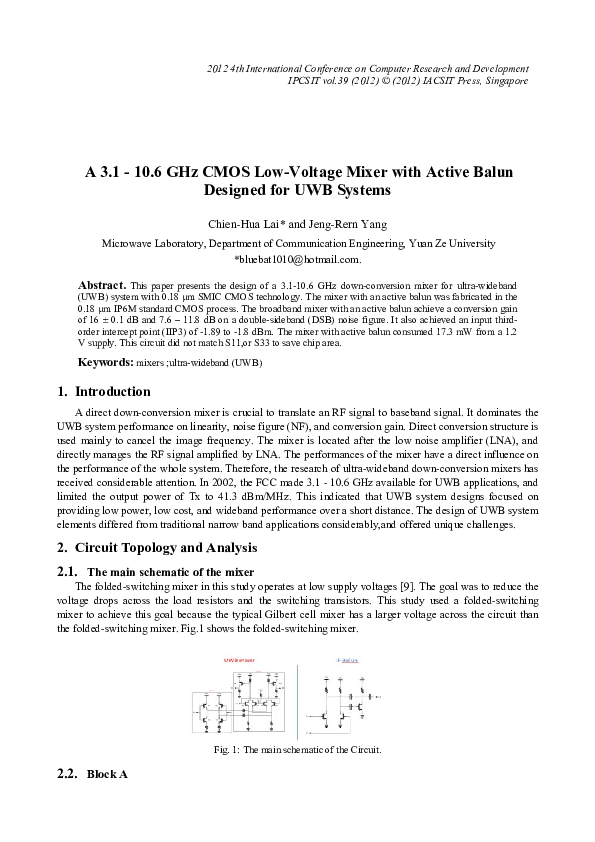 (PDF) A 3 1- 10 6 GHz CMOS Low-Voltage Mixer with Active Balun Designed for UWB Systems