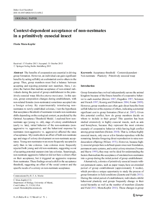 (PDF) Context-dependent acceptance of non-nestmates in a primitively ...