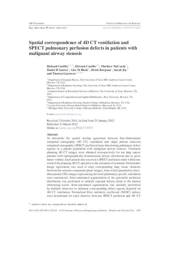 (PDF) Ventilation from four-dimensional computed tomography: density versus Jacobian methods