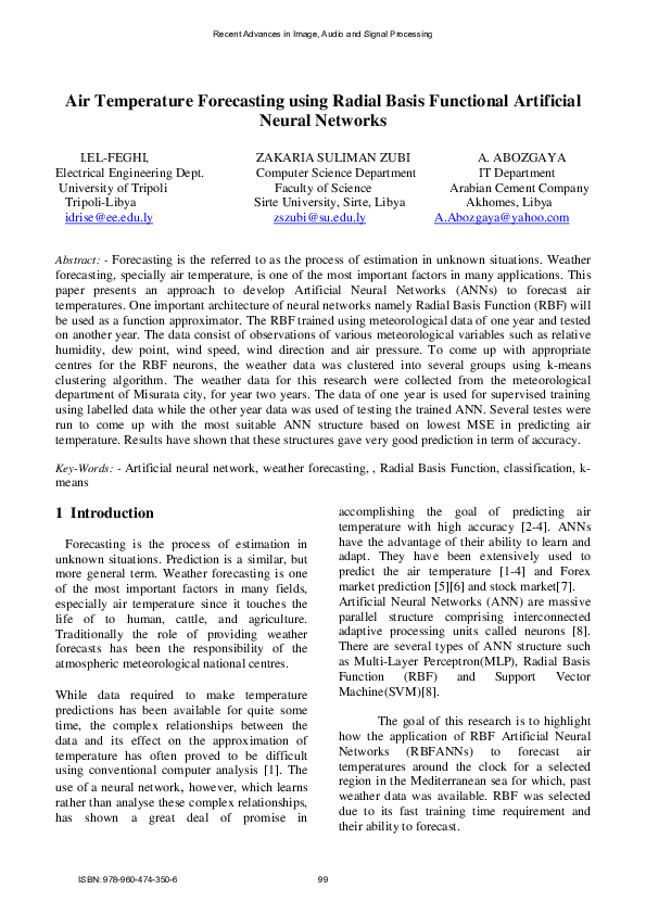 (PDF) Air Temperature Forecasting using Radial Basis Functional Artificial Neural Networks