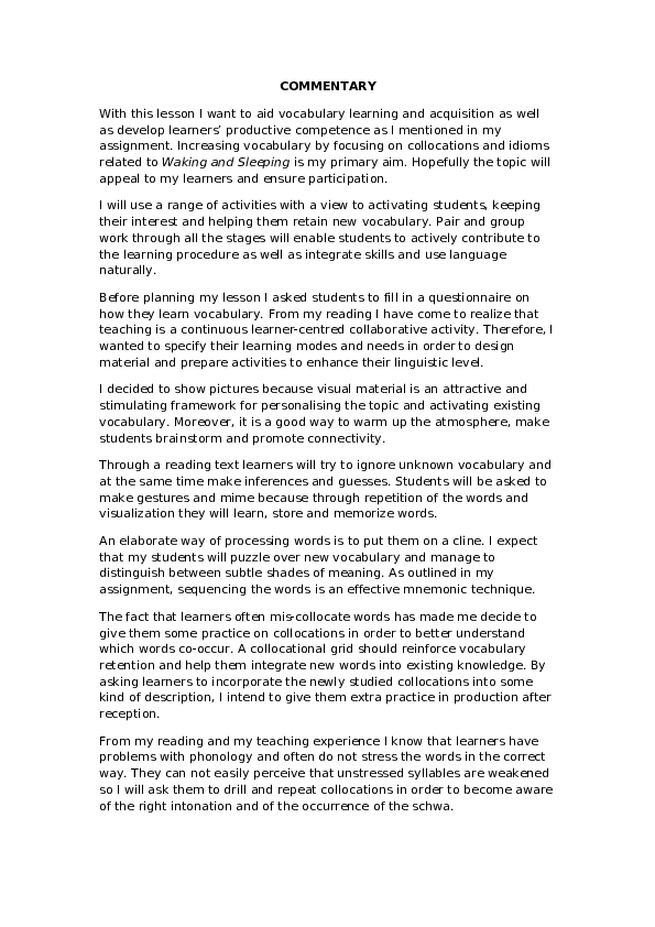 (DOC) Lesson plan: vocabulary & Its details & the Commentary