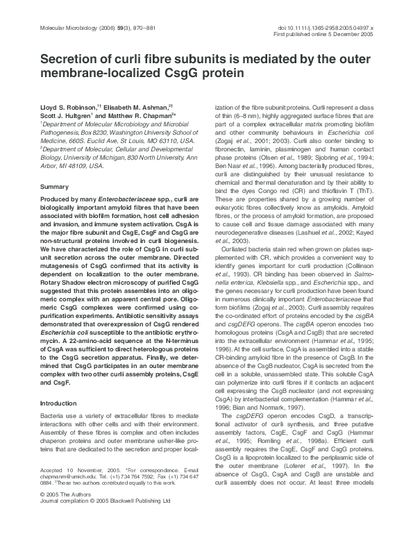 (PDF) Secretion of curli fibre subunits is mediated by the outer ...