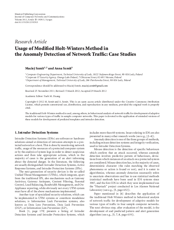 Pdf Usage Of Modified Holt Winters Method In The Anomaly Detection Of Network Traffic Case