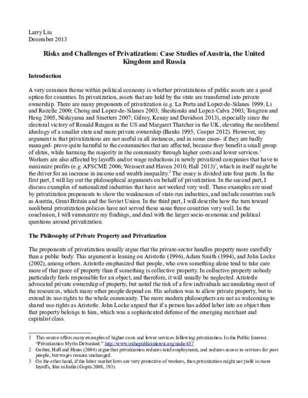 (PDF) Risks and Challenges of Privatization: Case Studies of Austria ...