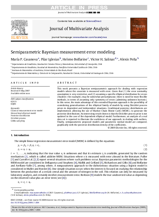 (PDF) Semiparametric Bayesian measurement error modeling