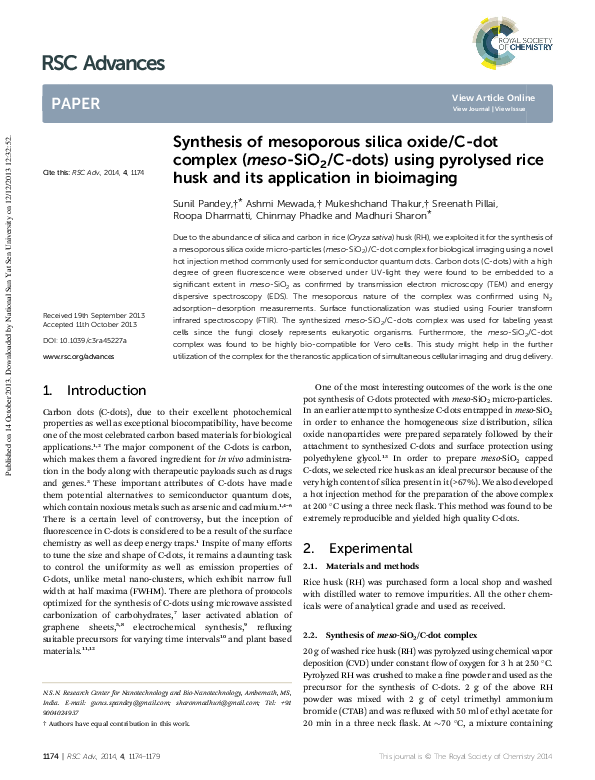 (PDF) Synthesis of mesoporous silica oxide/C-dot complex ( meso-SiO2 /C ...