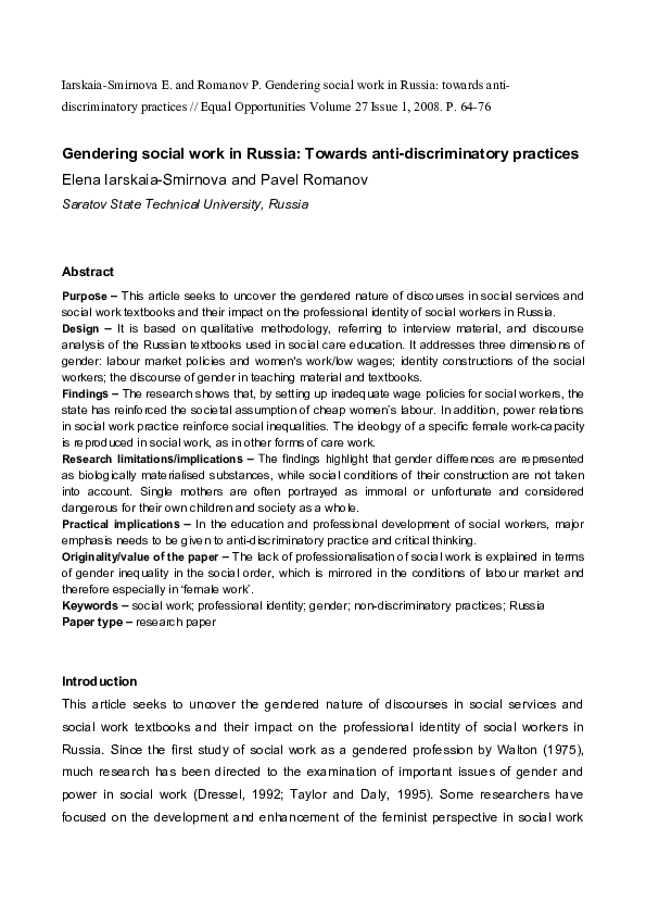 (DOC) Gendering social work in Russia: towards anti-discriminatory ...