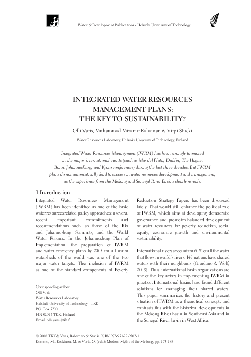 (PDF) Integrated Water Resources Management Plans: The Key to ...