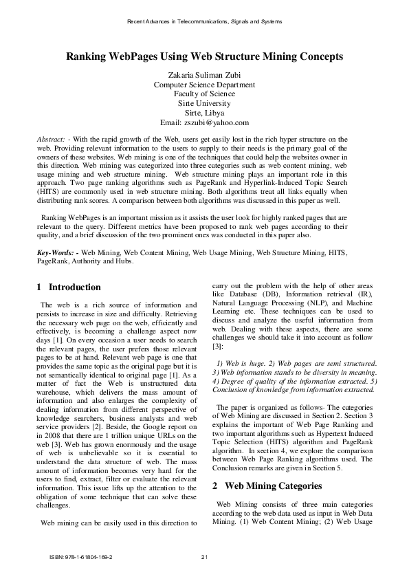 (PDF) Ranking WebPages Using Web Structure Mining Concepts