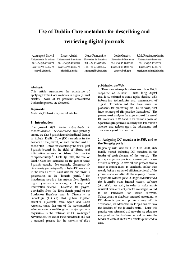 (PDF) Use of Dublin Core metadata for describing and retrieving digital ...