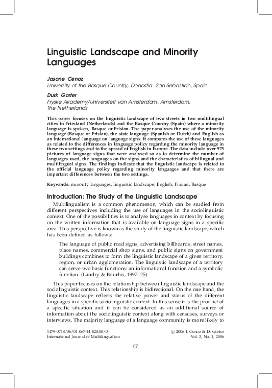(PDF) Cenoz, J. & Gorter, D. (2006) Linguistic landscape and minority ...