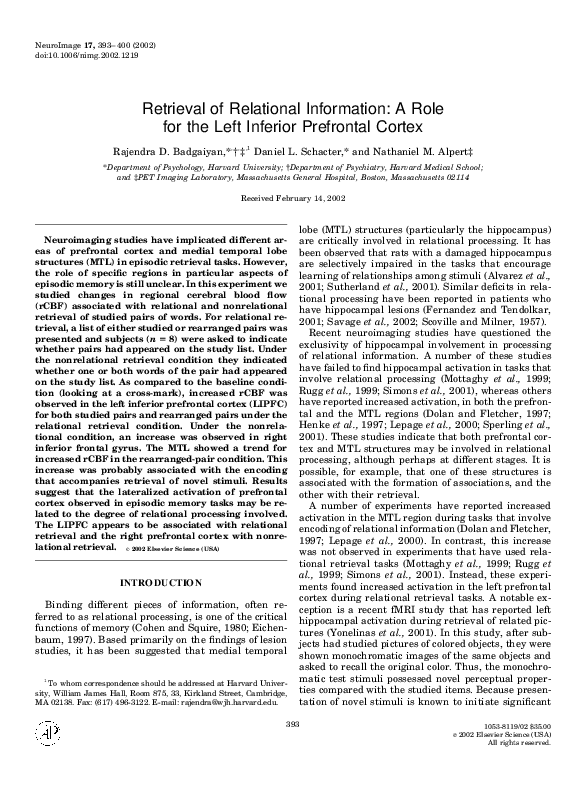 (PDF) Retrieval of Relational Information: A Rolefor the Left Inferior Prefrontal Cortex