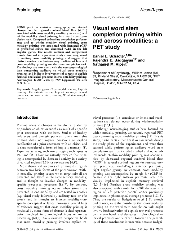 (PDF) Visual word stem copletion priming within and across modalities: a PET study