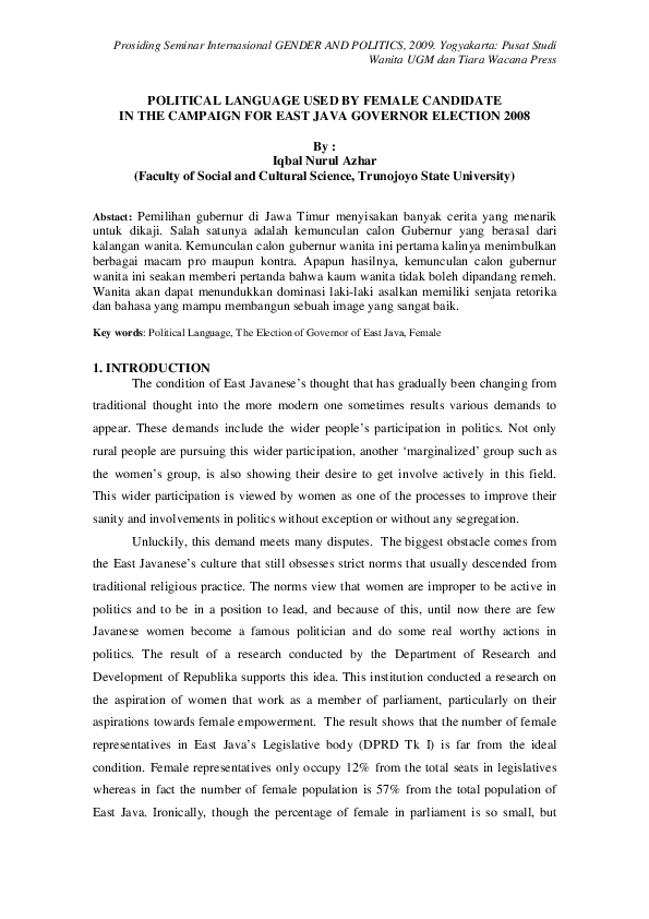 (PDF) POLITICAL LANGUAGE USED BY FEMALE CANDIDATE IN THE GENERAL ELECTION