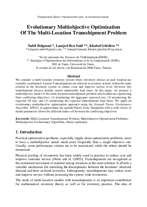 (PDF) Evolutionary multiobjective optimization of the multi-location transshipment problem