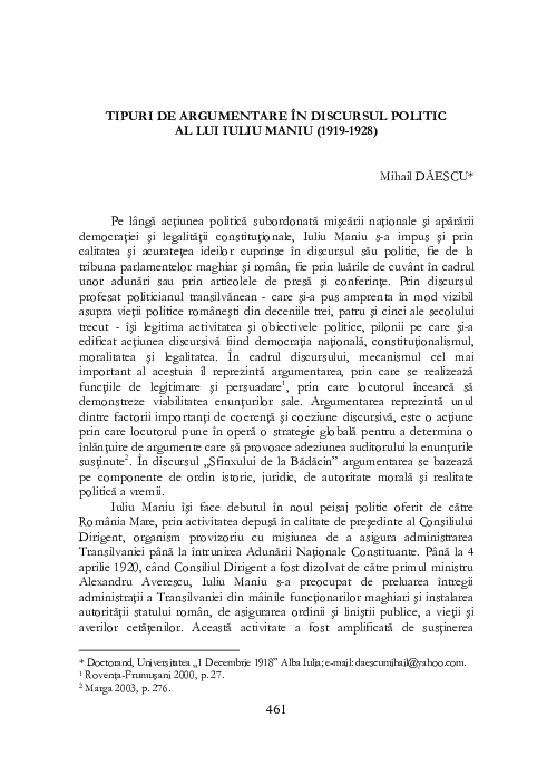 (PDF) Mihail DĂESCU, Tipuri de argumentare în discursul politic al lui ...
