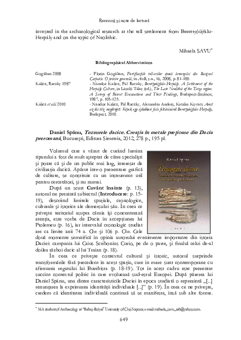 (PDF) Iosif Vasile Ferencz, Daniel Spânu, Tezaurele dacice. Creaţia în ...