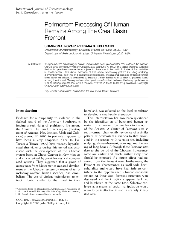Perimortem Processing of Human Remains among the Great Basin Fremont