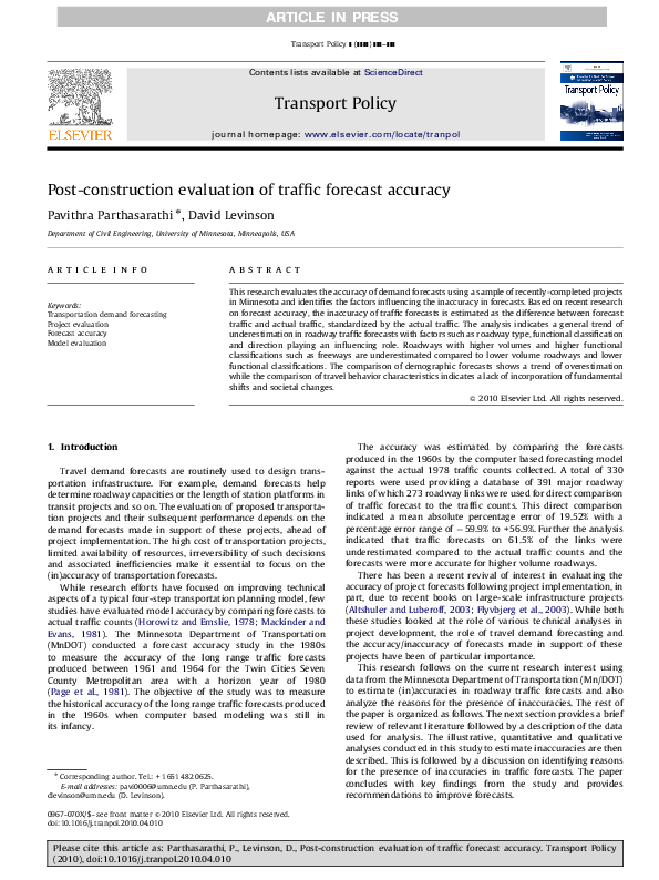 (PDF) Post-Construction Evaluation of Traffic Forecast Accuracy