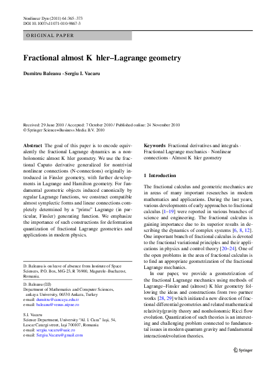 (PDF) Fractional almost Kähler–Lagrange geometry