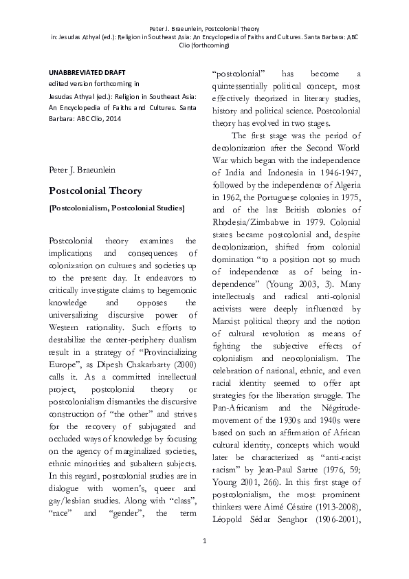 (PDF) Postcolonial Theory (and Religion in Southeast Asian Studies ...