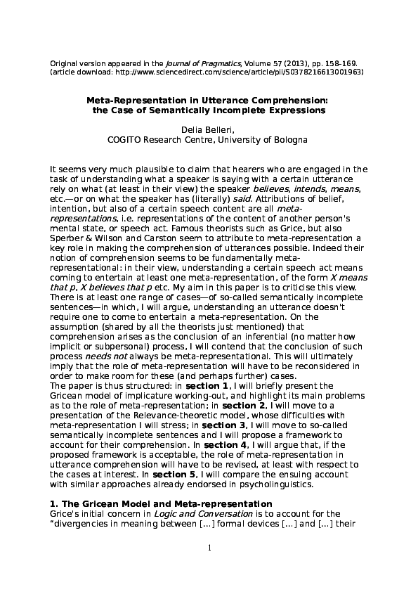 Pdf Journal Of Pragmatics Meta Representation In Utterance Comprehension The Case Of