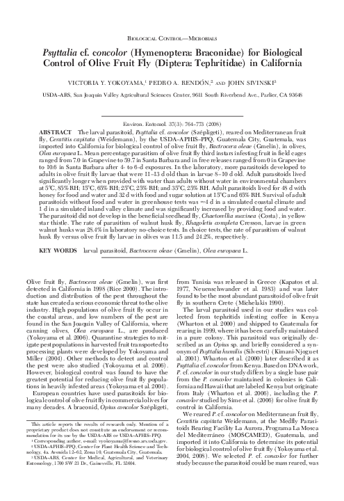 (PDF) Psyttalia cf. c oncolor (Hymenoptera: Braconidae) for Biological ...