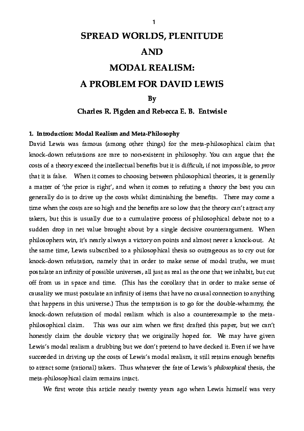 (PDF) Spread Worlds, Plenitude and Modal Realism: a Problem for David ...