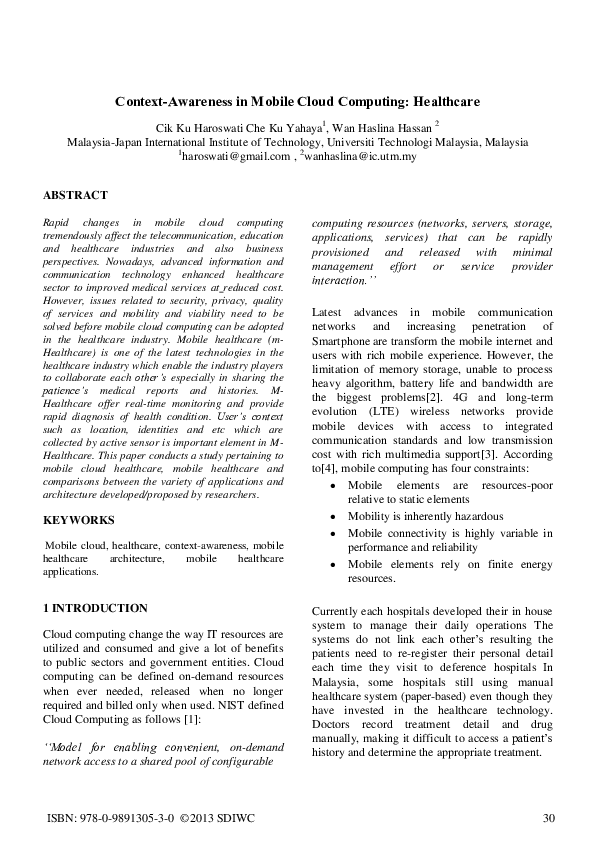 Pdf Context Awareness In Mobile Cloud Computing Healthcare