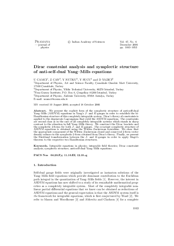 (PDF) Dirac constraint analysis and symplectic structure of anti-self-dual Yang-Mills equations