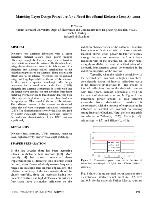 (PDF) MATCHING LAYER DESIGN PROCEDURE FOR A NOVEL BROADBAND DIELECTRIC LENS ANTENNA