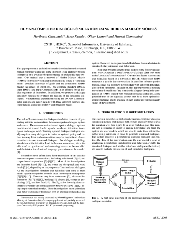 Pdf Human Computer Dialogue Simulation Using Hidden Markov Models
