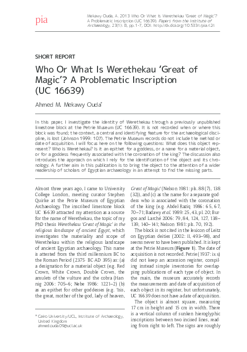 (PDF) Who or What is Werethekau 'Great of Magic'? A Problematic ...