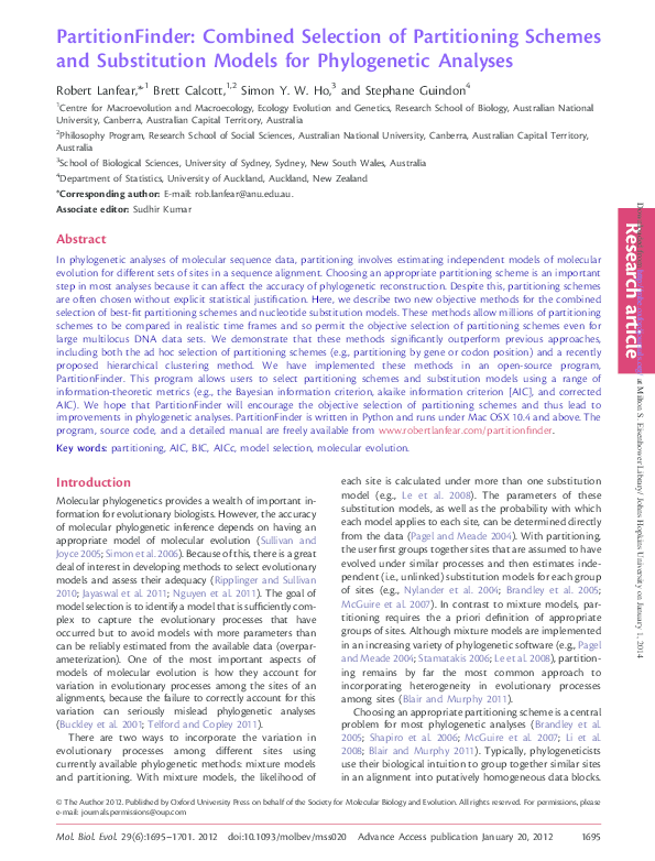 (PDF) Partitionfinder: combined selection of partitioning schemes and ...