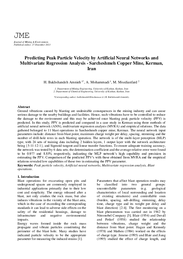 Pdf Predicting Peak Particle Velocity By Artificial Neural Networks And Multivariate