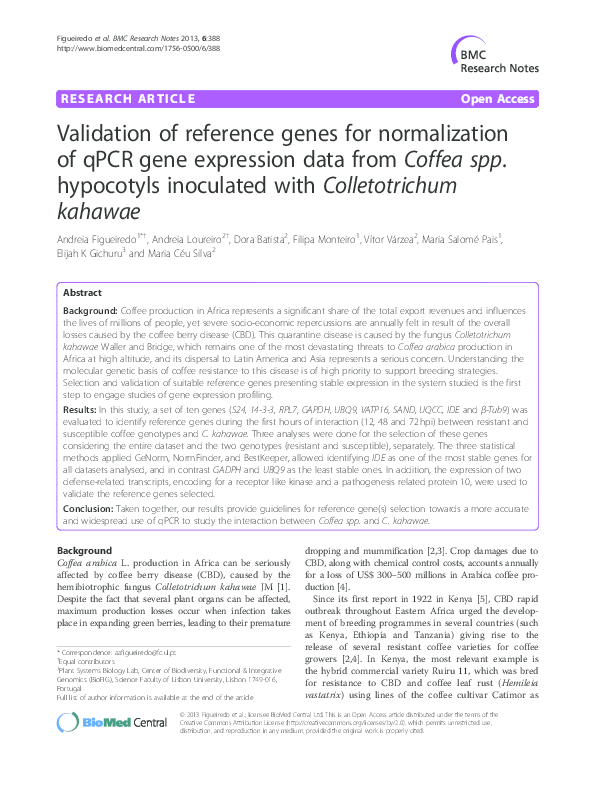 (PDF) Validation of reference genes for normalization of qPCR gene expression data from Coffea ...