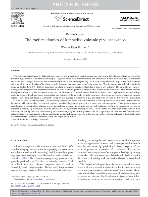 (PDF) Research paper The rock mechanics of kimberlite volcanic pipe ...
