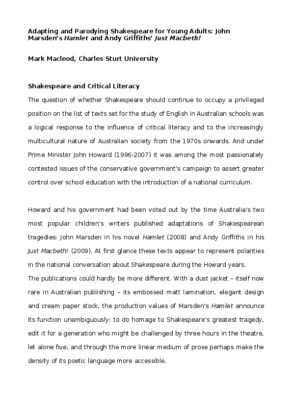 (DOC) 'Adapting and Parodying Shakespeare for Young Adults: John ...
