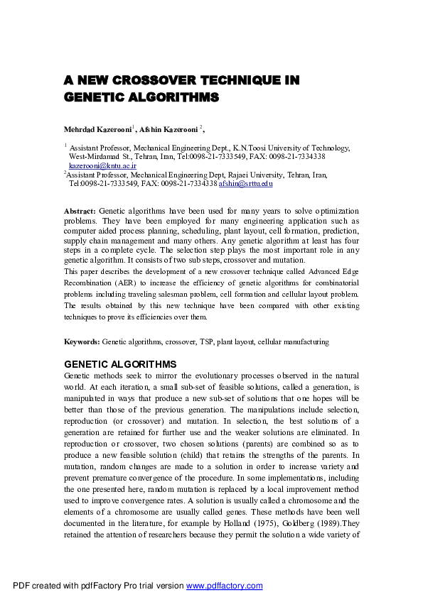 Pdf A New Crossover Technique In Genetic Algorithms Mehrdad Kazerooni