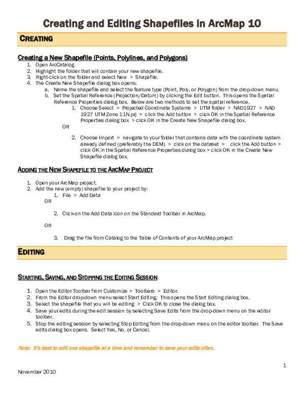 (PDF) Creating and Editing Shapefiles in Arc Map