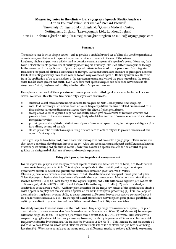 (PDF) Measuring voice in the clinic − Laryngograph Speech Studio Analyses