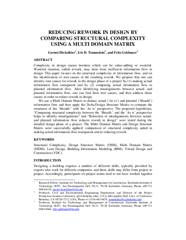 (PDF) Reducing Rework in Design by Comparing Structural Complexity ...