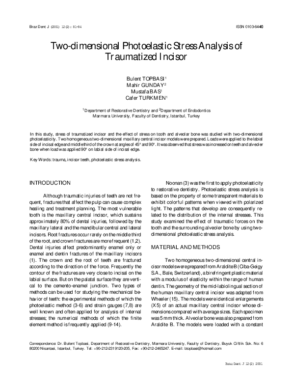 (PDF) Two-dimensional Photoelastic Stress Analysis of Traumatized Incisor