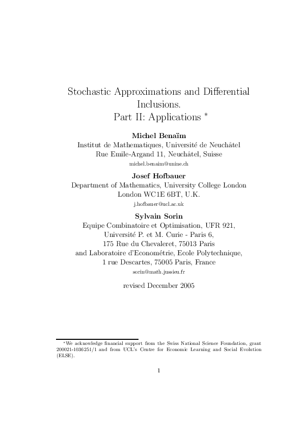 Pdf Stochastic Approximations And Differential Inclusions Part Ii Applications